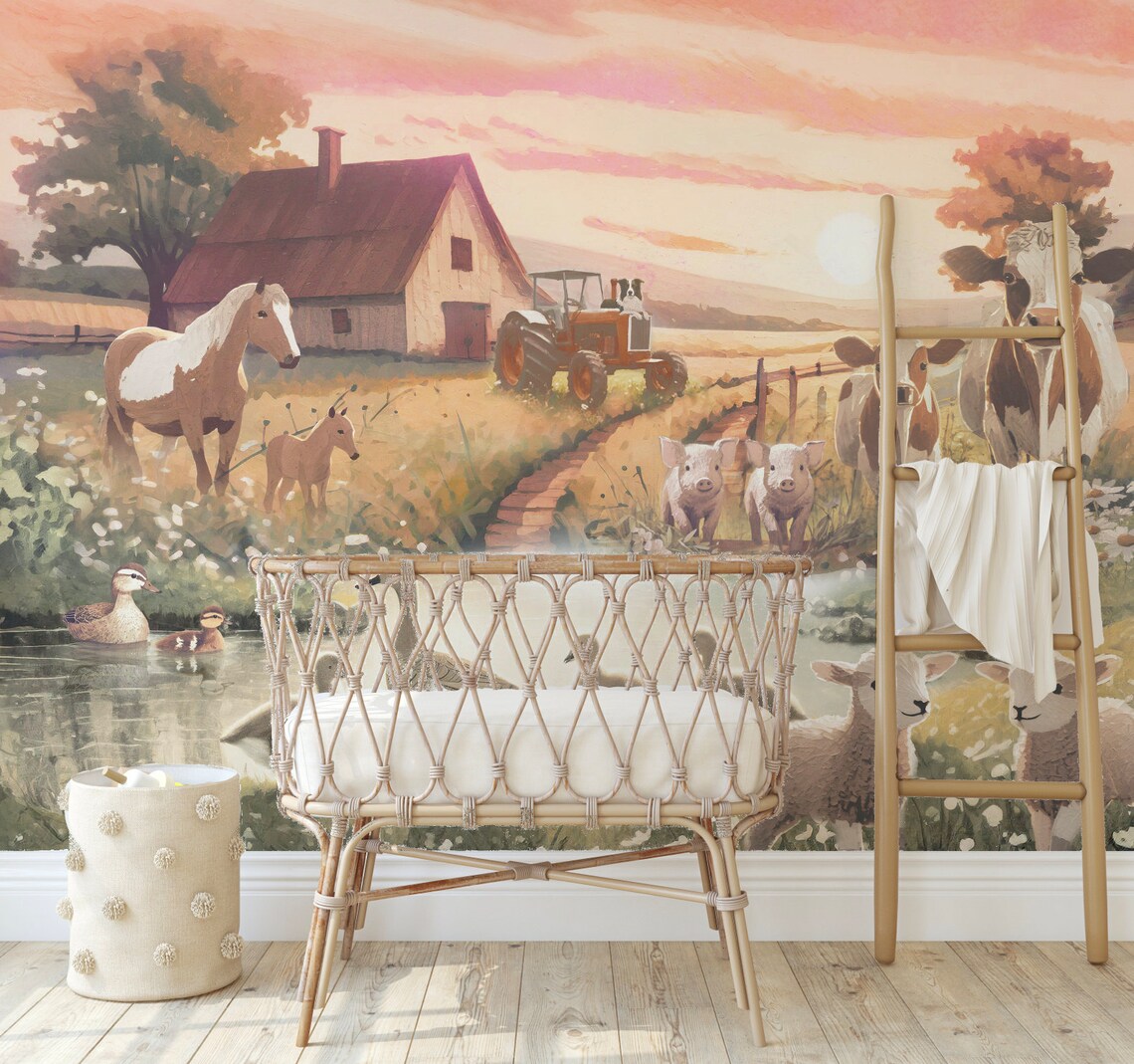 Farm Animals / Duck Cow Pig Tractor Neutral Drawn Floral Wall Mural ...