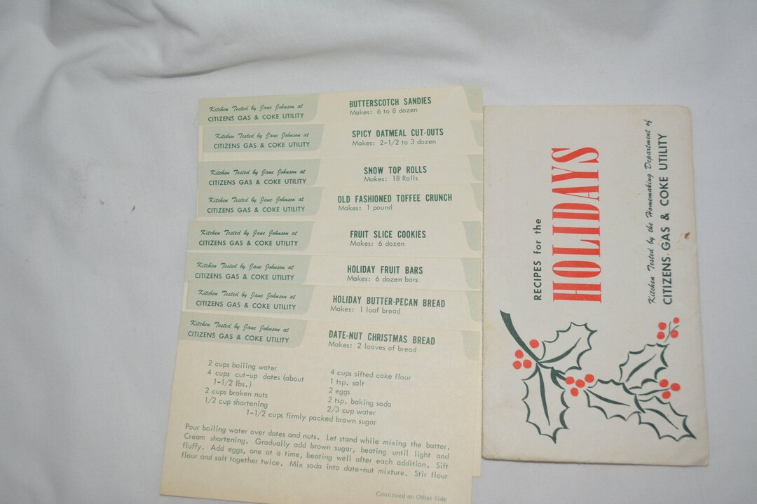 Vintage Holiday Recipe Cards From Citizens Gas & Coke Utility ...