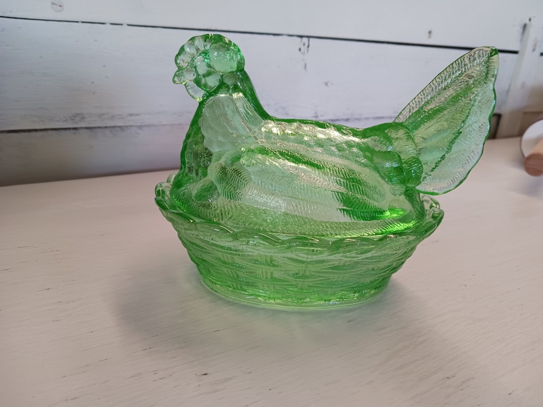 Depression Style Glass Green Hen on Nest Candy Dish - Etsy