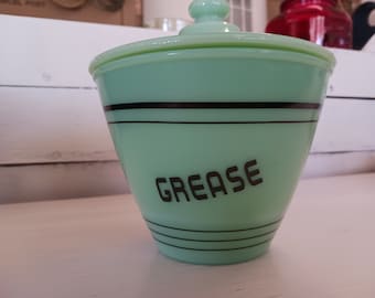 Jadeite Green Depression Style Glass Grease Jar With Lid, Black Band ...
