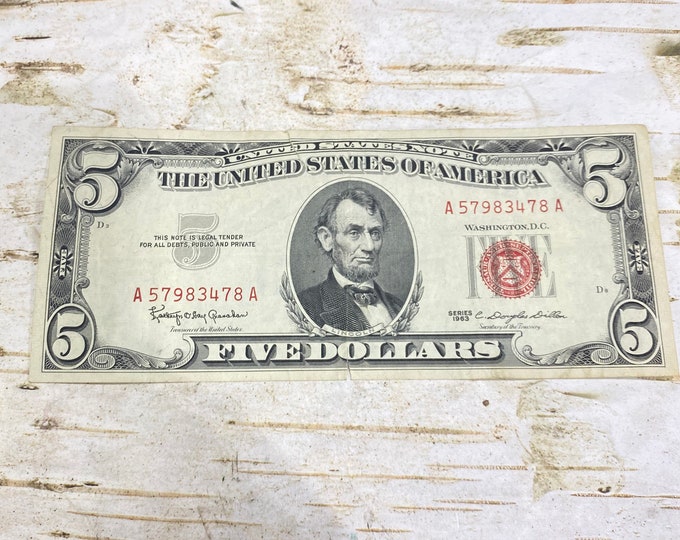 1963 5 Dollar Red Seal Note Lincoln Federal Reserve United - Etsy