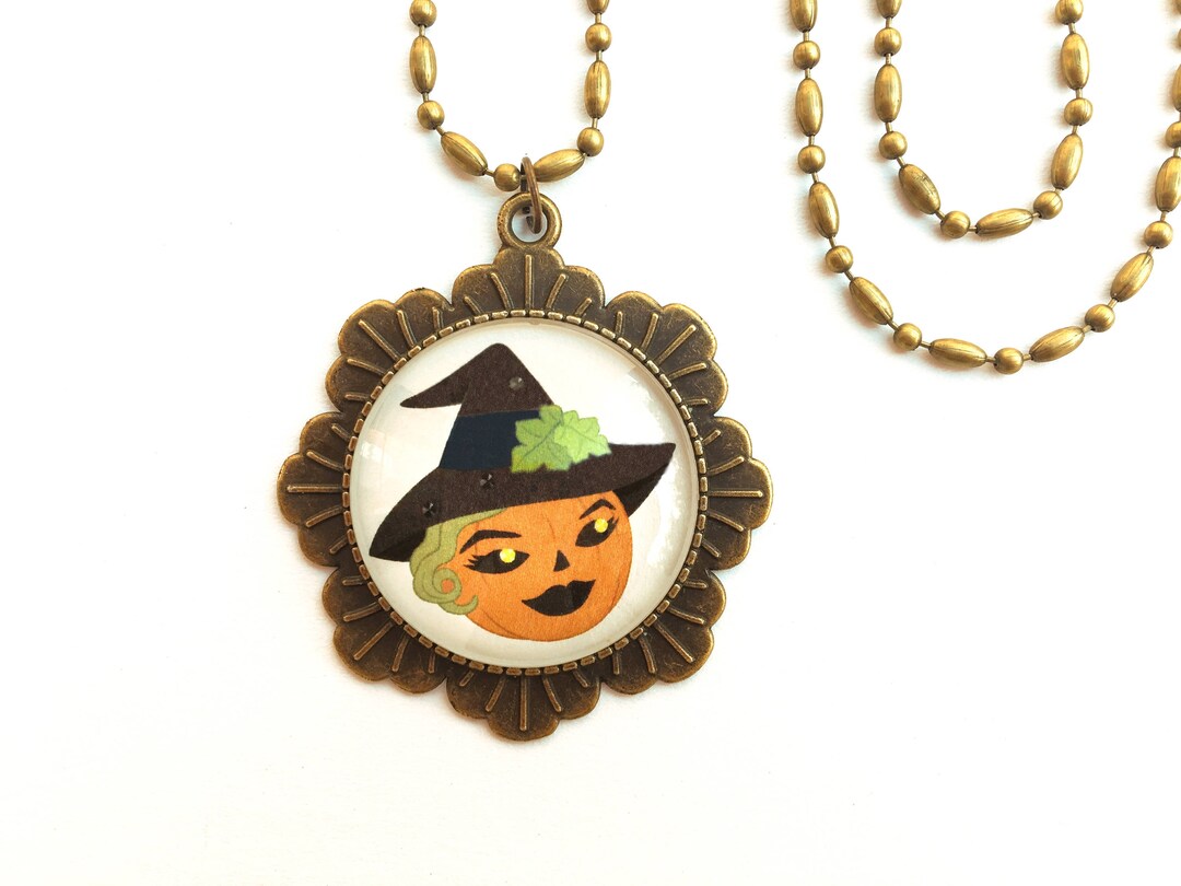 Jack O' Lantern Witch Gal Necklace Glass Dome Halloween - Etsy