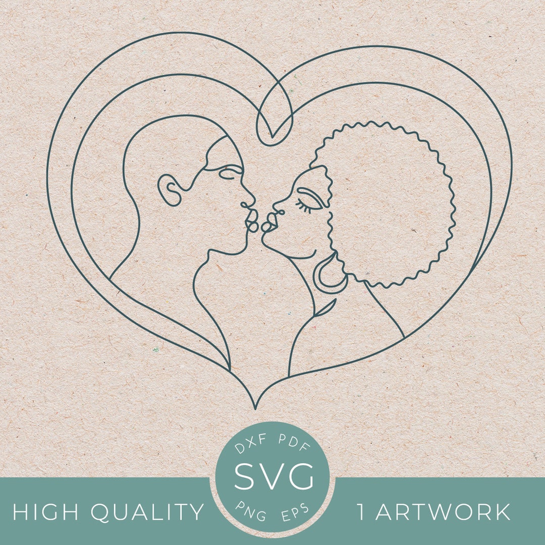 One Line African American Couple Heart Svg Drawing Set, Woman and Man ...