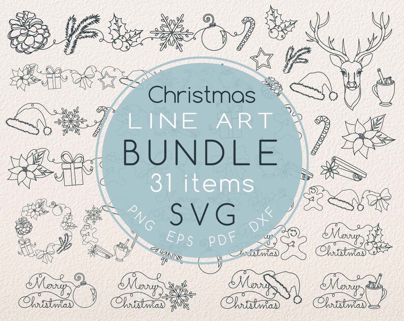 One Line Art Merry Christmas Bundle Svg Set, Circle Frame Svg, Single ...