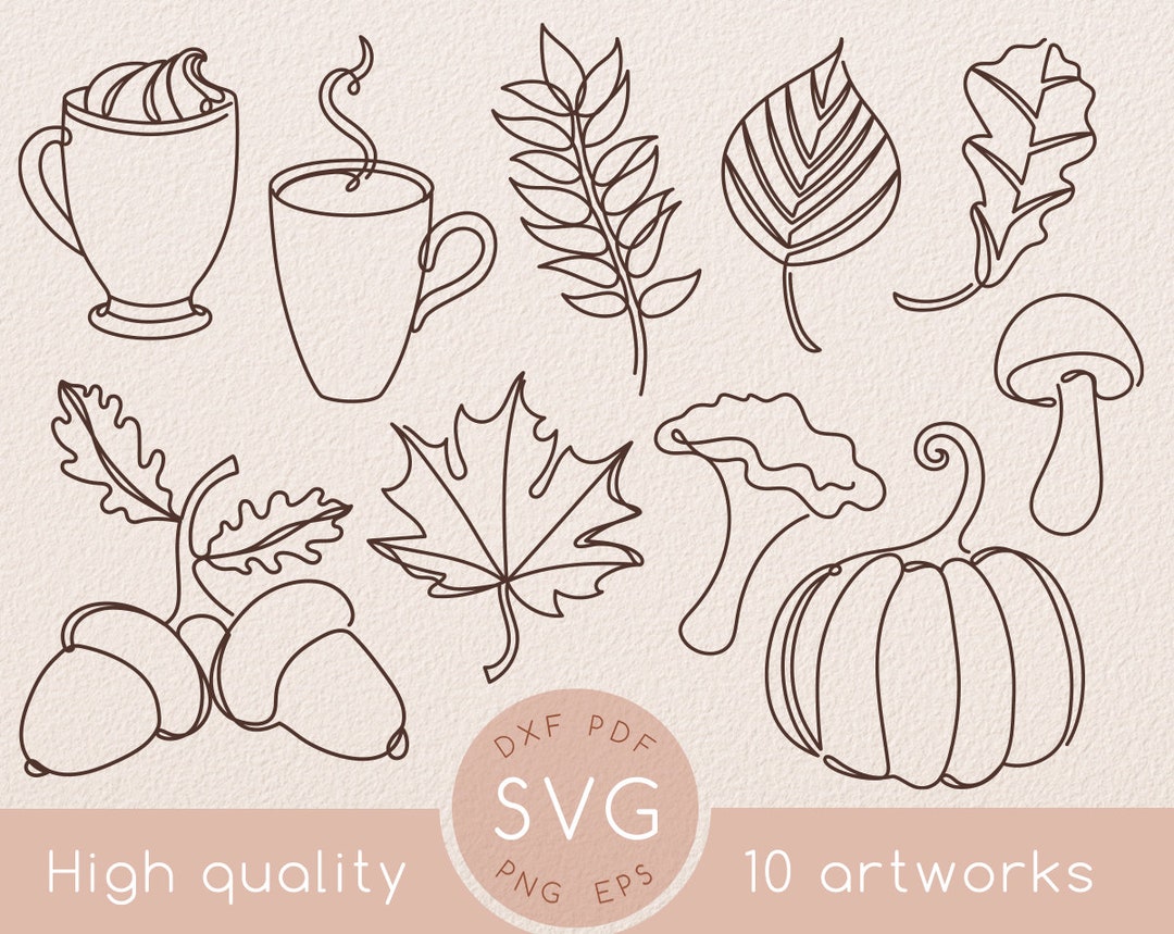 One Line Art Autumn Leaves Svg Set, Fall Leaf Clipart, Single Line ...