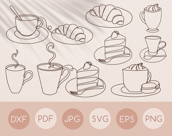 One Line Coffee Cup and Dessert Svg Set Tea Mug Single Line | Etsy