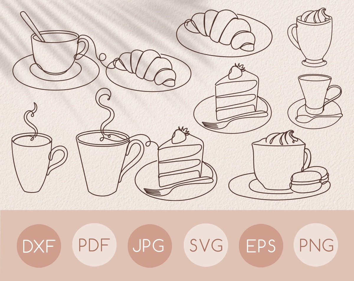One Line Coffee Cup and Dessert Svg Set Tea Mug Single Line | Etsy
