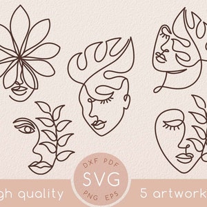 One Line Woman Abstract Face With Tropical Leaf Svg Drawing, Abstract ...