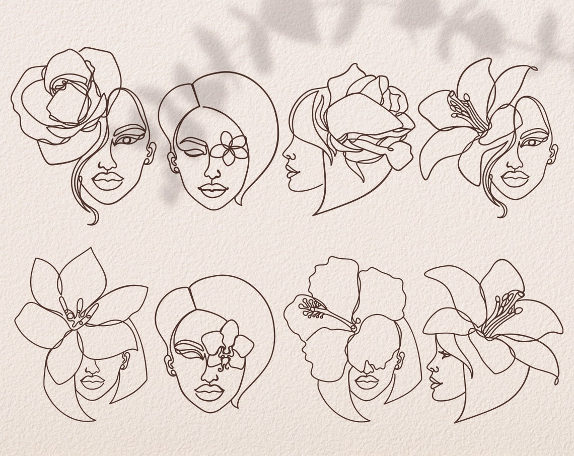 One line women face BUNDLE svg drawing Minimal floral single | Etsy