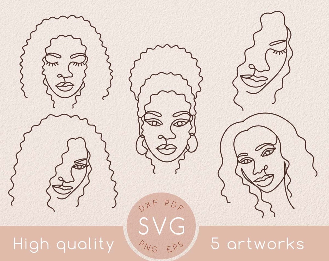 Afro Woman Svg, One Line Black Woman Face Drawing Set, Abstract African ...