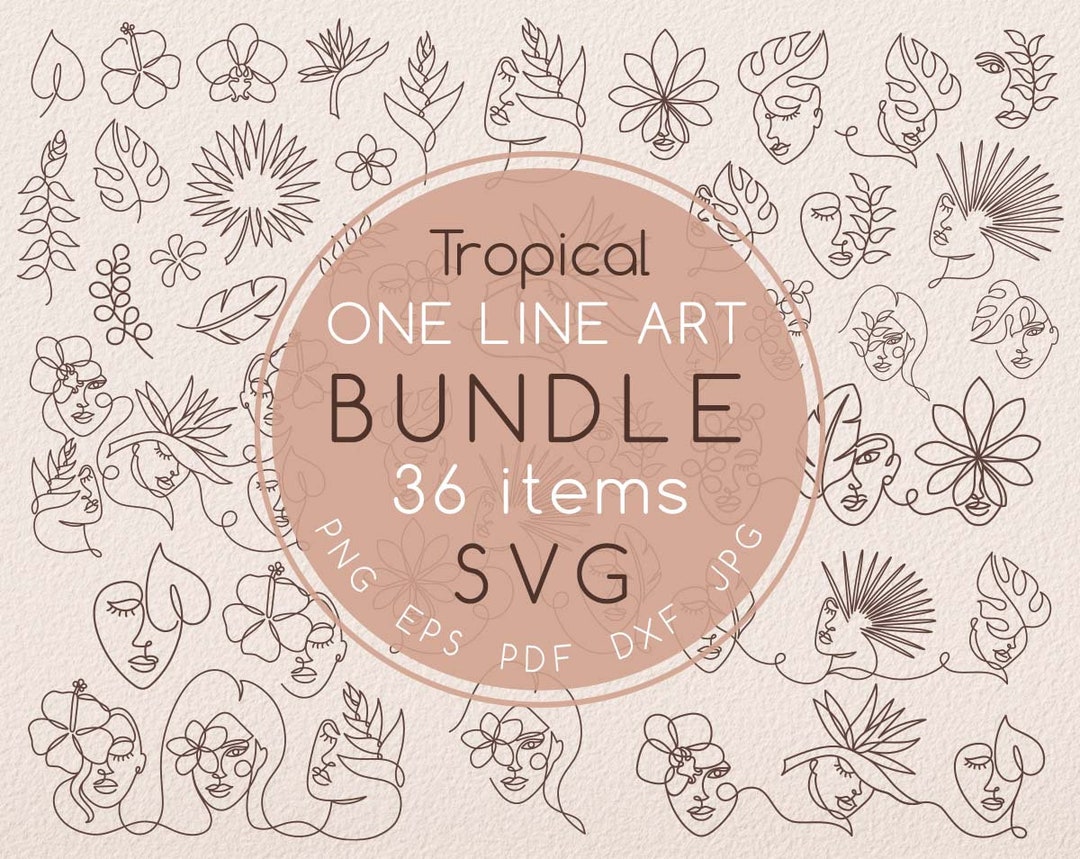 One Line Woman Abstract Face With Tropical Leaf Svg Drawing BUNDLE ...