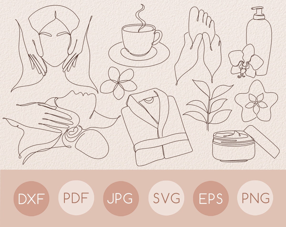 One Line Art Spa Svg Drawing Set, Beauty Salon Single Line Art Clipart ...