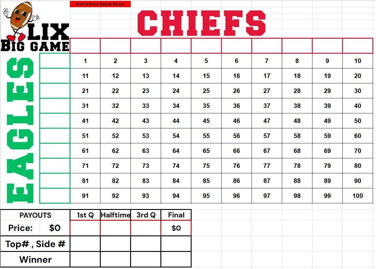 100 Super Bowl 59 Squares Boxes, Printable PDF, Google Sheets Editable ...