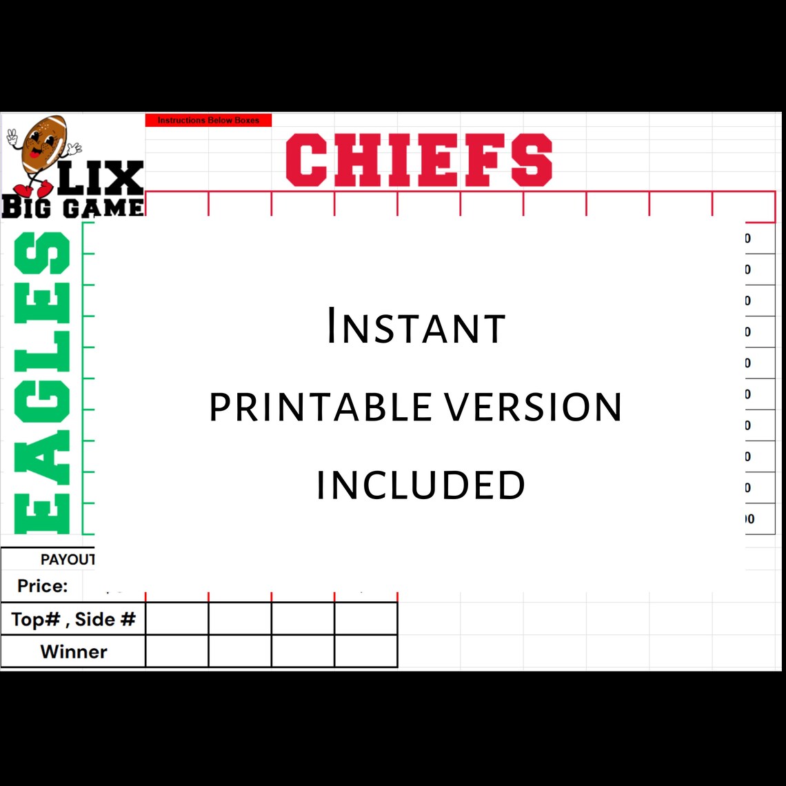 100 Super Bowl 59 Squares Boxes, Printable PDF, Google Sheets Editable ...