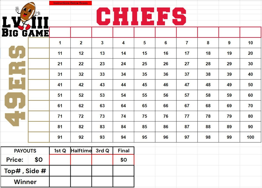 100 Super Bowl 58 Squares Boxes, Printable PDF, Google Sheets Editable ...