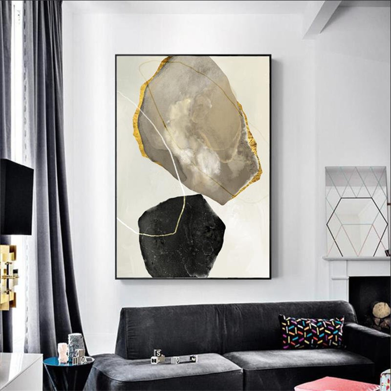 Set of 2 2 Panel Gem Prints Large Gold Wall Art Abstract Wall Art ...
