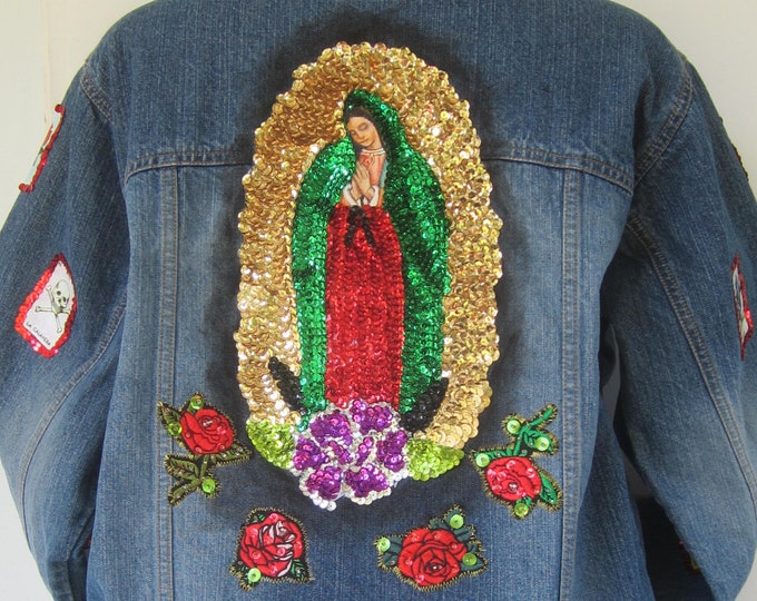Virgen De Guadalupe and Mexican Loteria Sequin Patchers women Jacket ...
