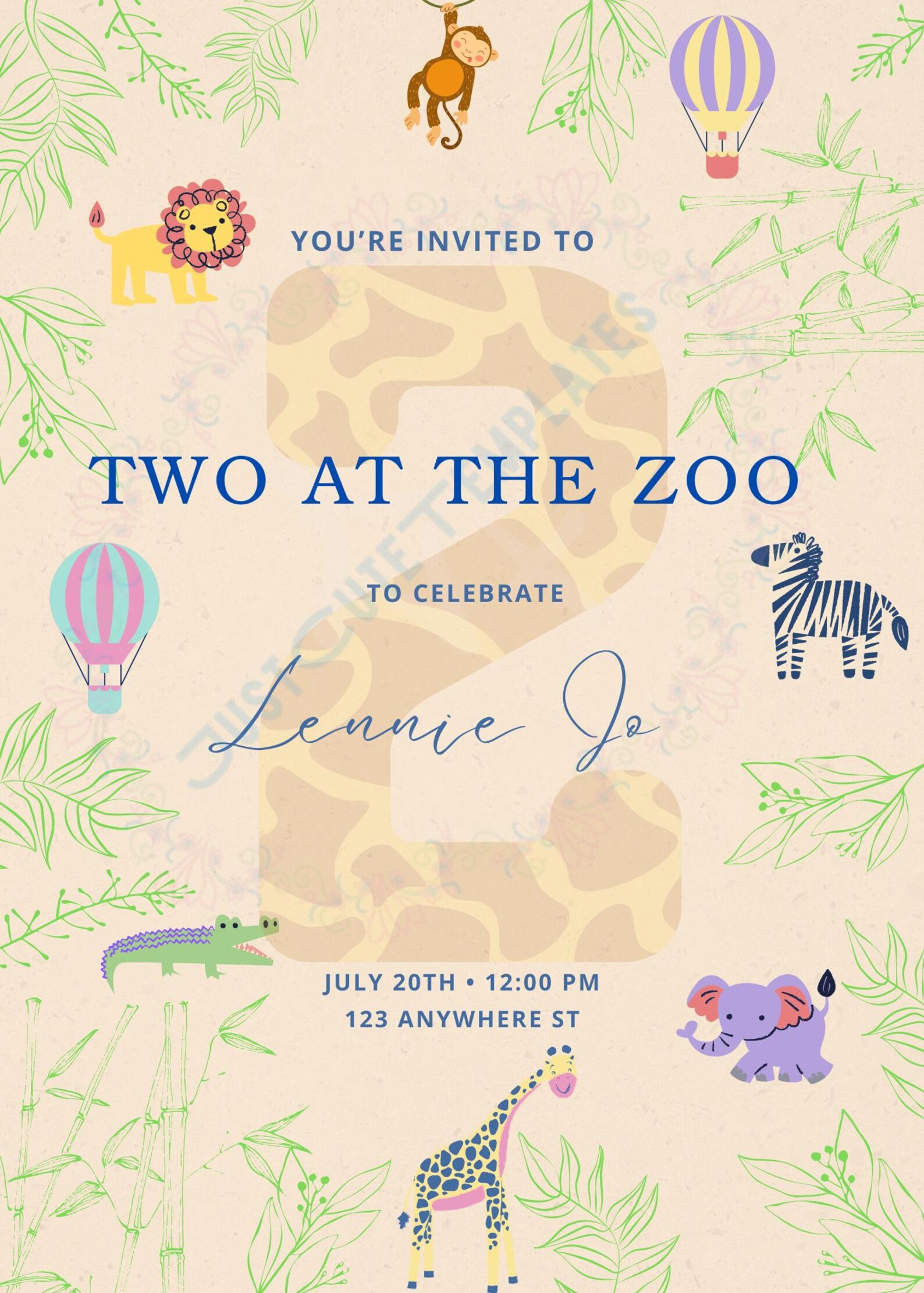 Two at the Zoo | 5x7 Editable Canva Template | 2nd Birthday Party Theme ...