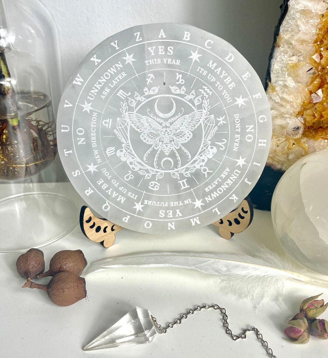 Moth Moon Pendulum Spirit Board on Large Selenite Charging Plate - Etsy