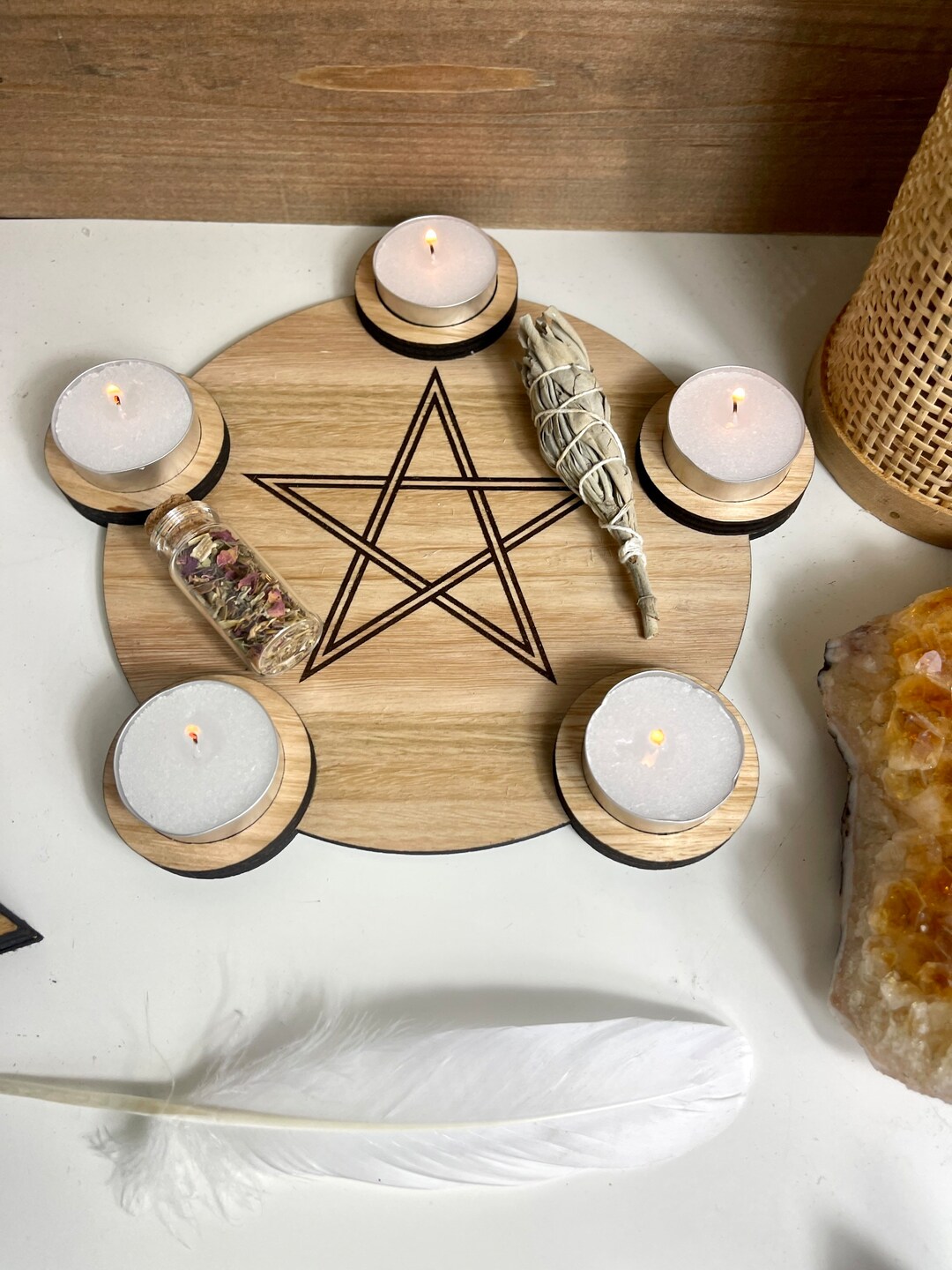 Wooden Pentagram Pentacle With Elements Candle Holders - Etsy