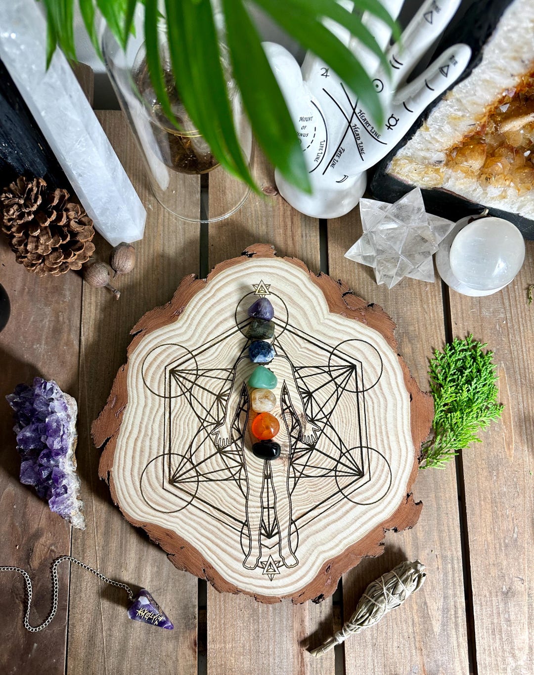 Reiki Distant Healing|board on Pine Wood Slice With CHAKRA STONES ...