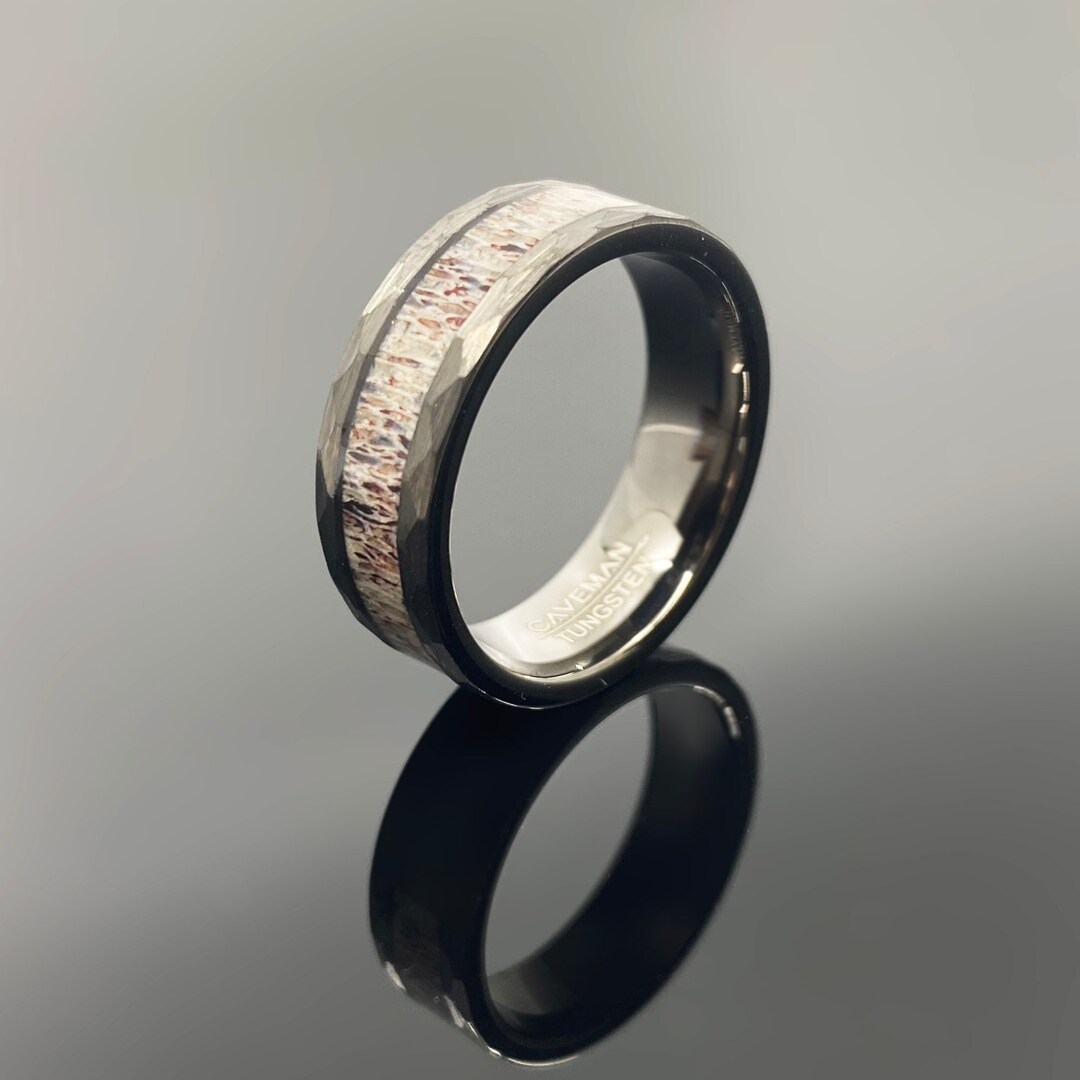 Hammered Antler Tungsten Wedding Band With Elk Antler Ring Inlay - Etsy