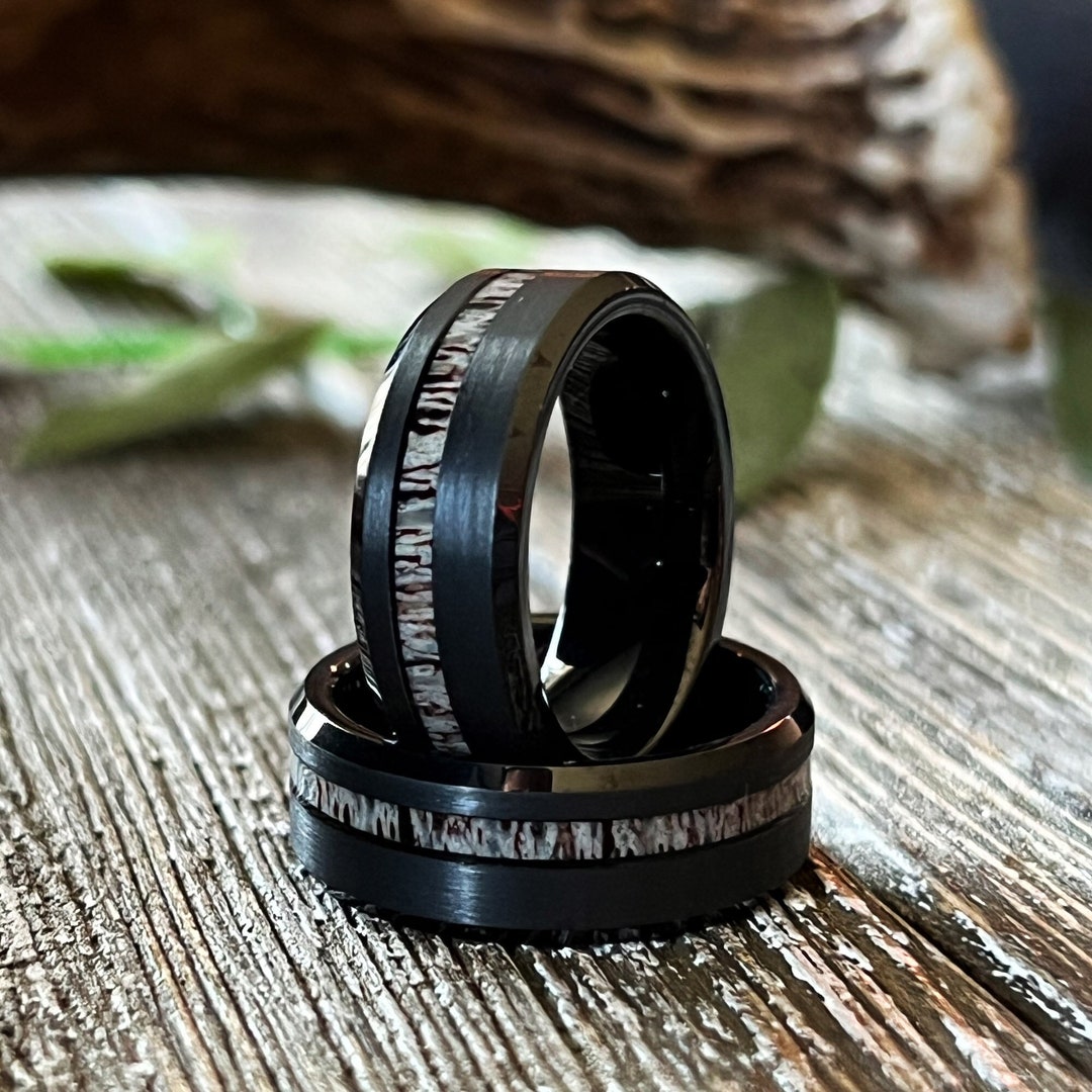 The Black Stag: Deer Antler Bevelled Tungsten Wedding Band With Elk ...