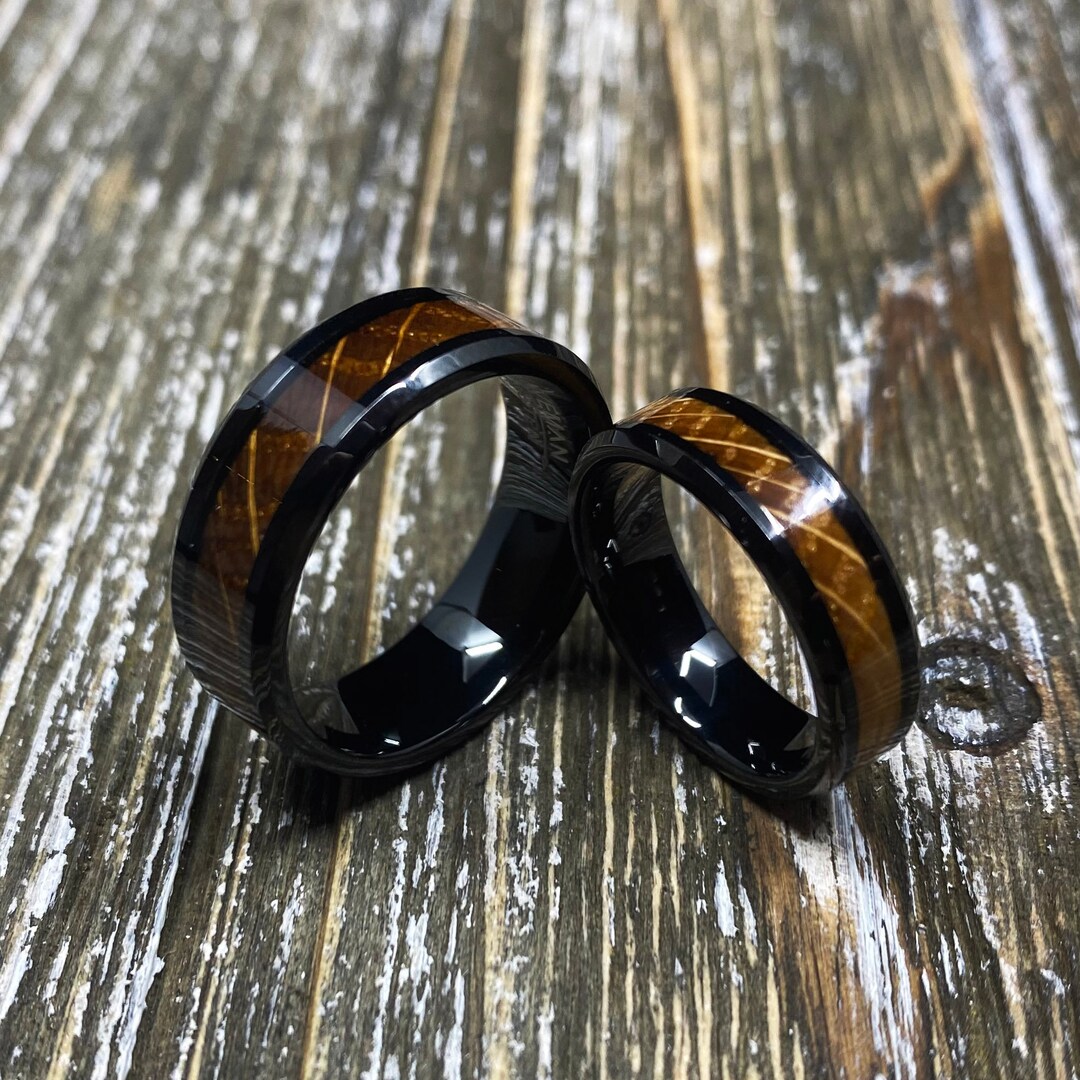 Couples Set Whiskey Barrel Black Tungsten Wedding Band With White Oak ...