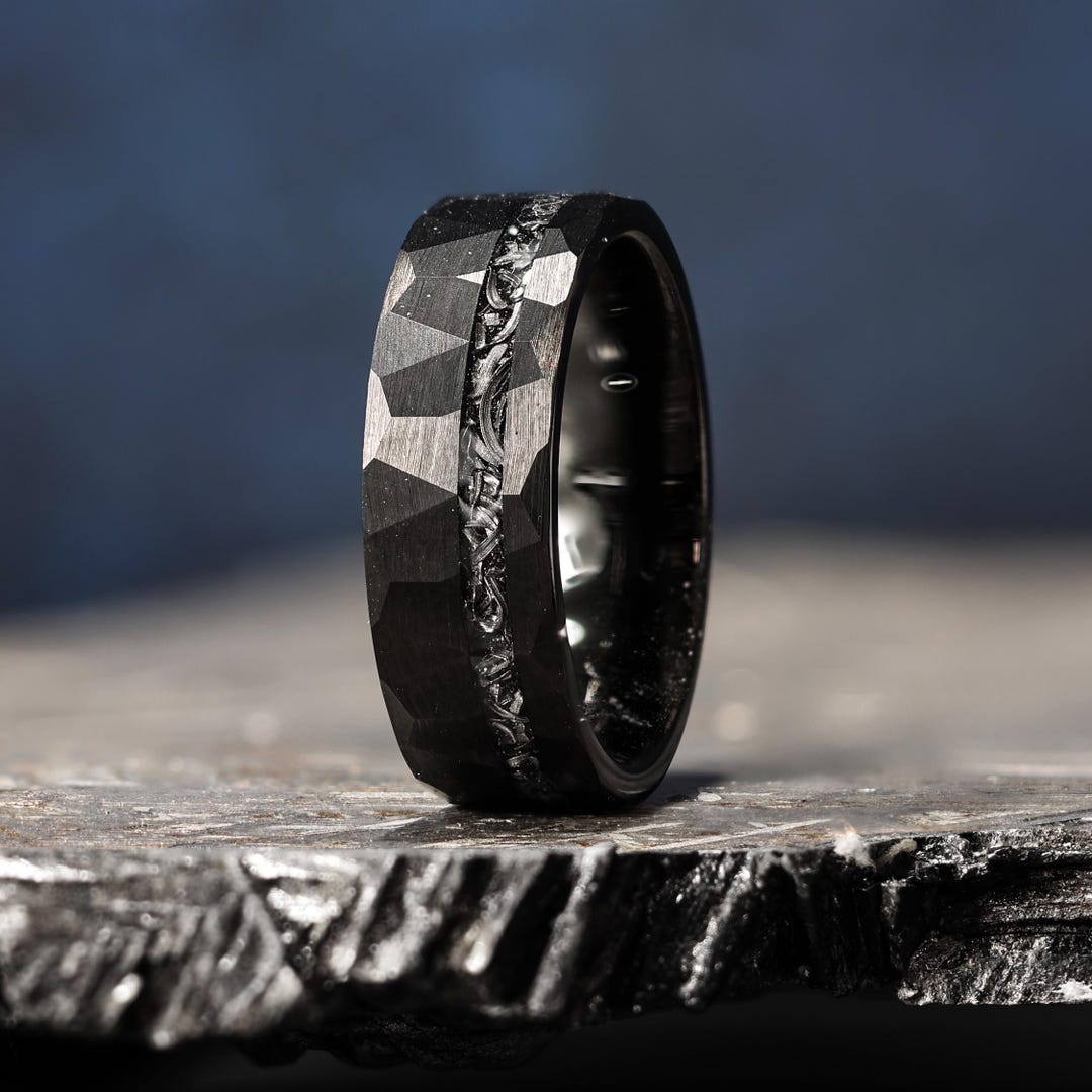 Black Space Rock Meteorite Wedding Ring: Hammered Tungsten Comfort Fit ...