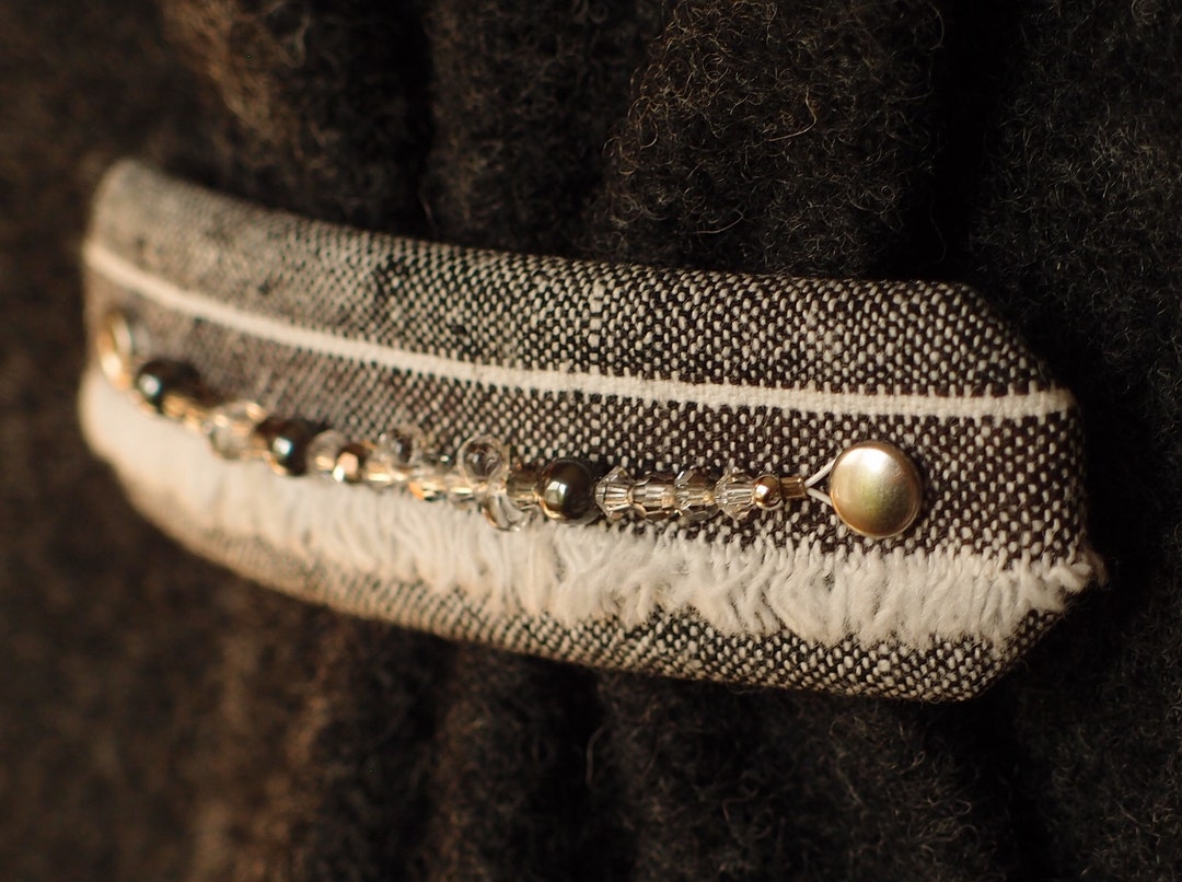 Hematite & Glass Beads on Linen/cotton Fabric Fringe Selvage Hair Clip ...