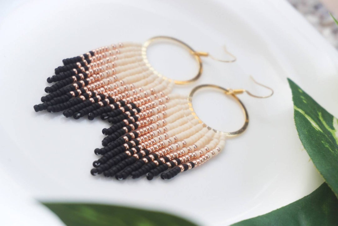 Gina - Cream, Champagne, and Black Ombre Fringe Hoops, Gift for Her - Etsy
