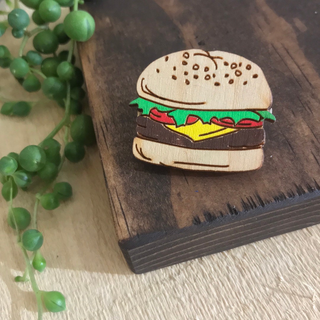 Hamburger // Cheeseburger // Reclaimed Wood Lapel Pin // Meals on ...