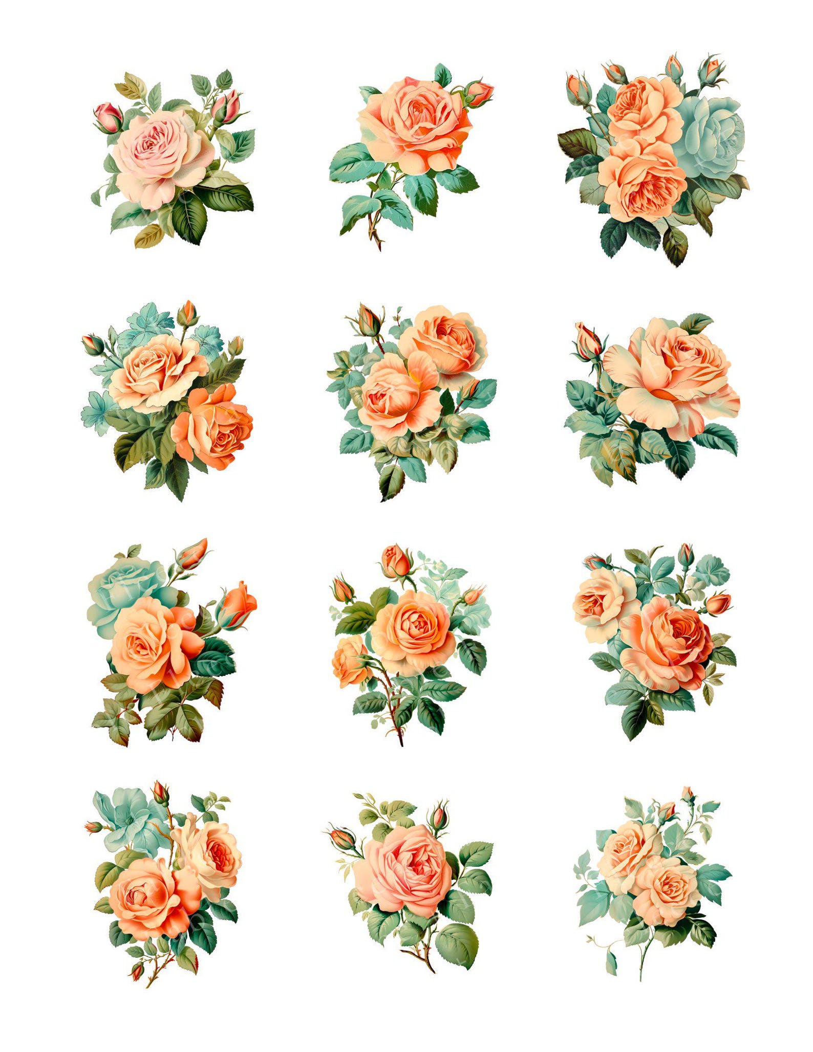 12 Peach Rose Clipart Set, Roses Collage Sheet for Junk Journals, High ...