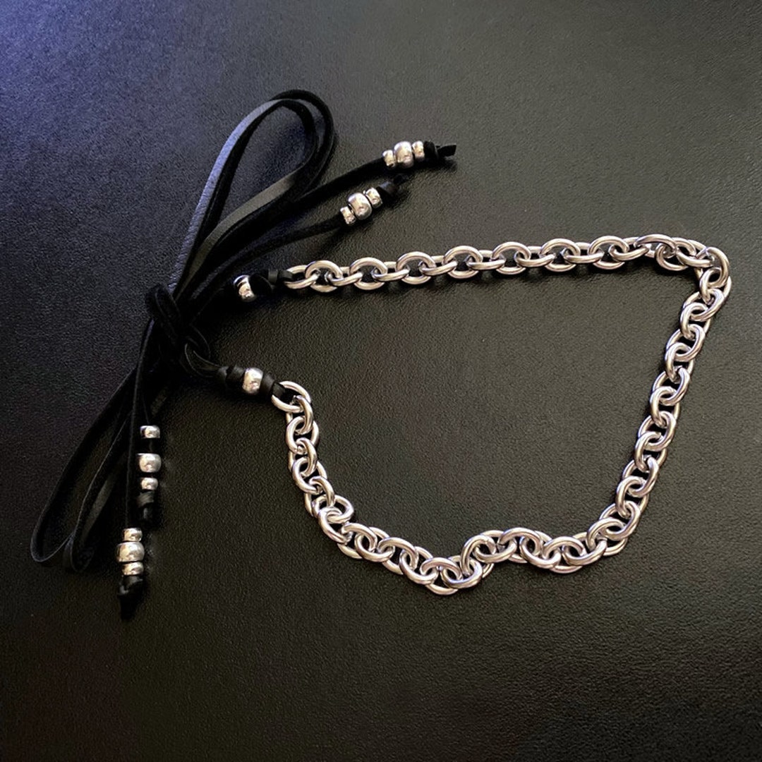 Silver Bold Chain Necklace, Chain and Leather Choker, Rocker Style ...