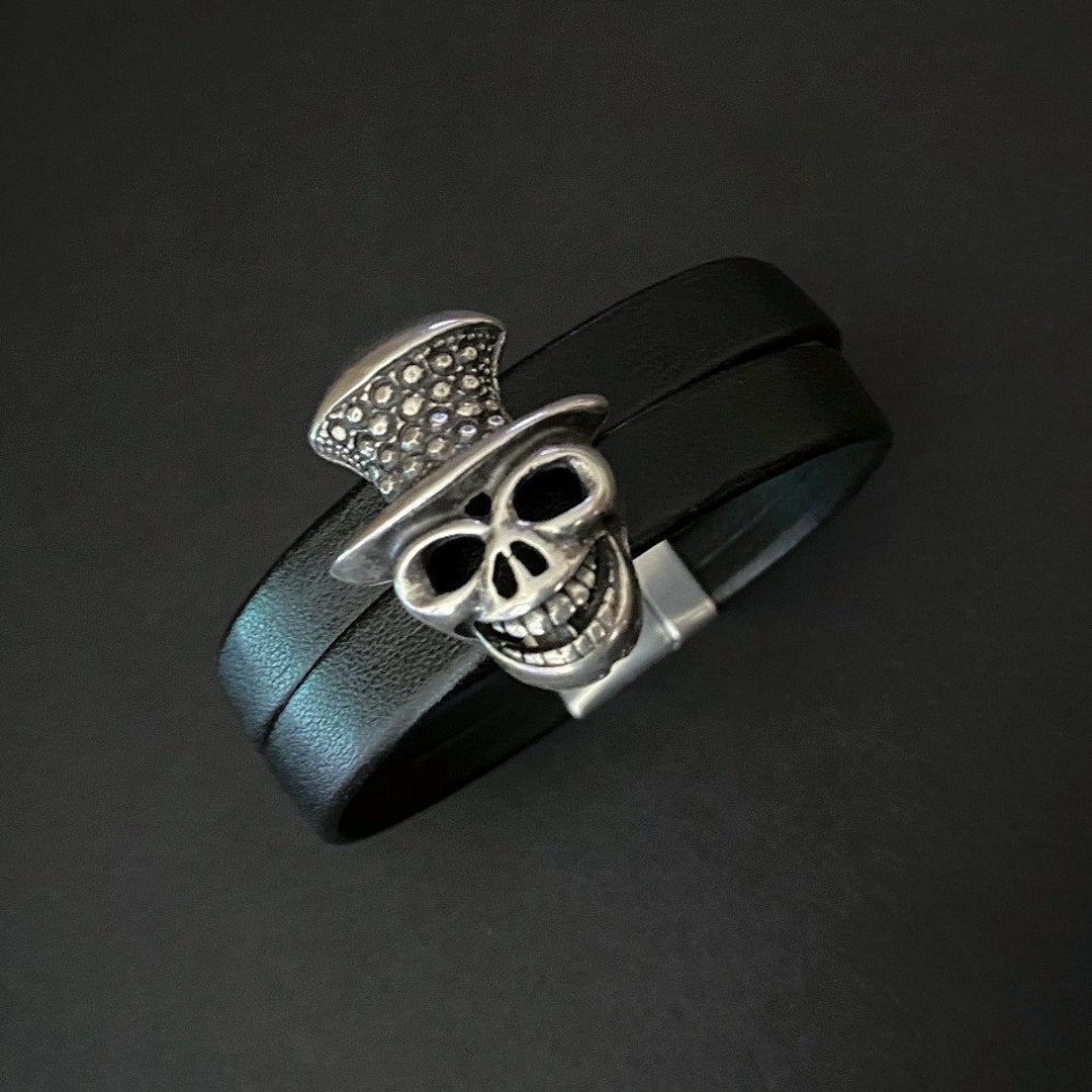 Silver Skull Bracelet, Skeleton Head Bracelet, Wide Leather Cuff ...