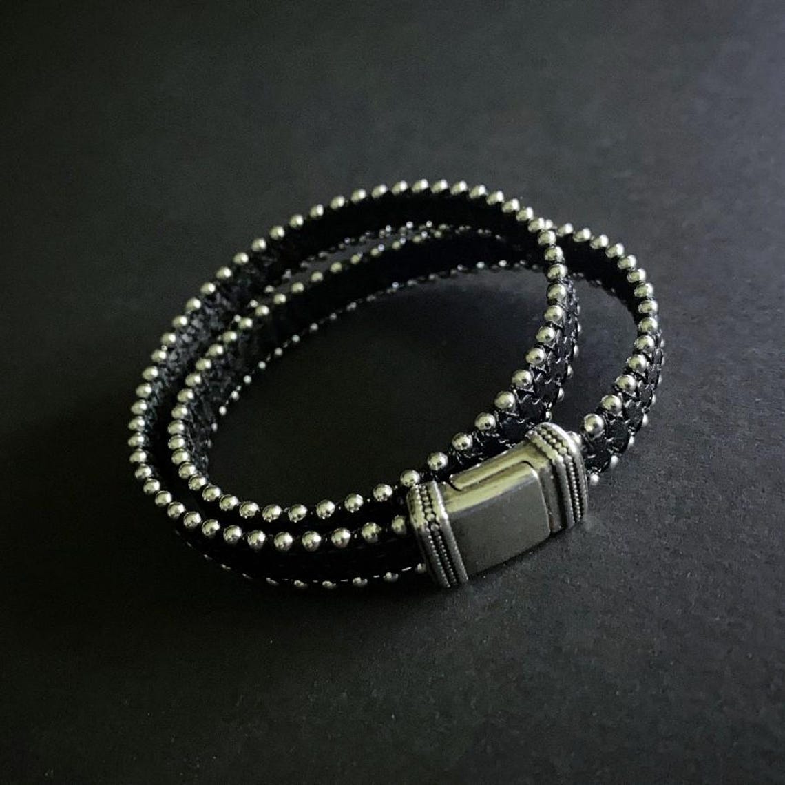 Rocker Bracelets, Studded Leather Bracelet, Ball Chain and Leather ...