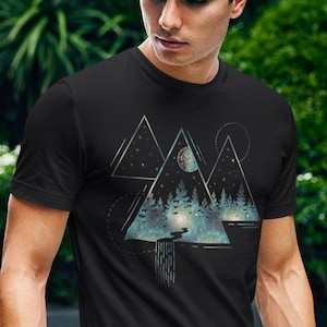 Mens Nature T Shirt Forest Trees Mountain Adventure Tee Hiking Camping ...