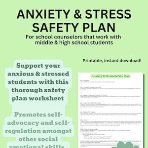 Anxiety Safety Plan Worksheet for Counselors SEL Printable Middle ...