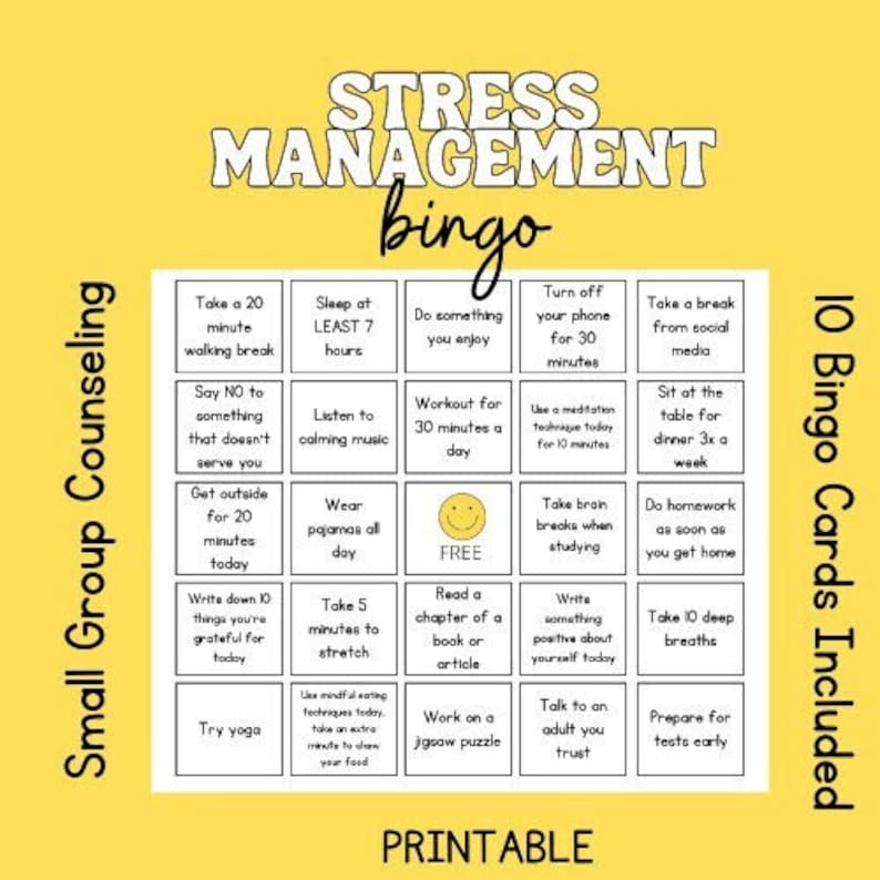 Stress Management Bingo Small Group Counseling SEL Activity 7th-12th ...