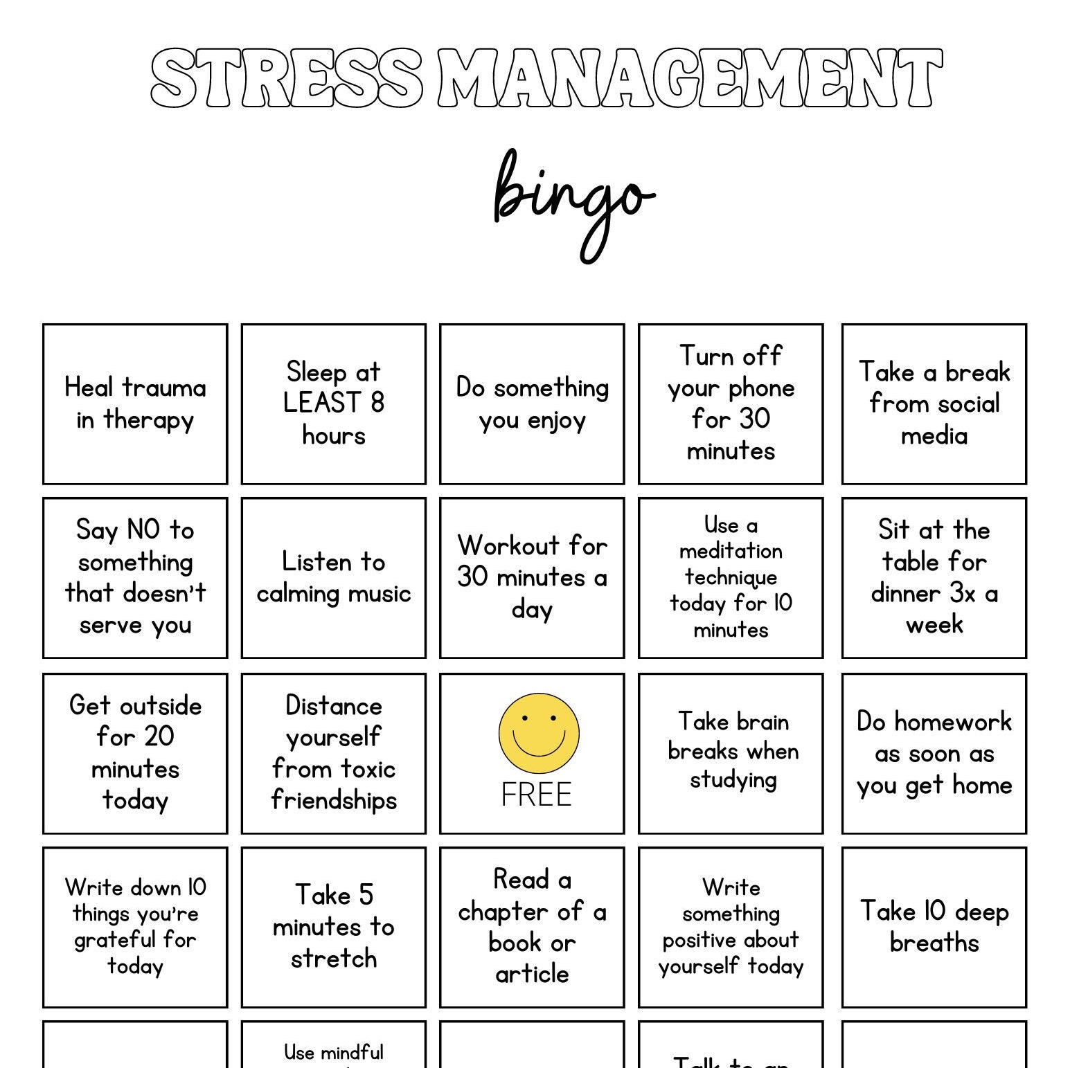 Stress Management Bingo Small Group Counseling SEL Activity 7th-12th ...