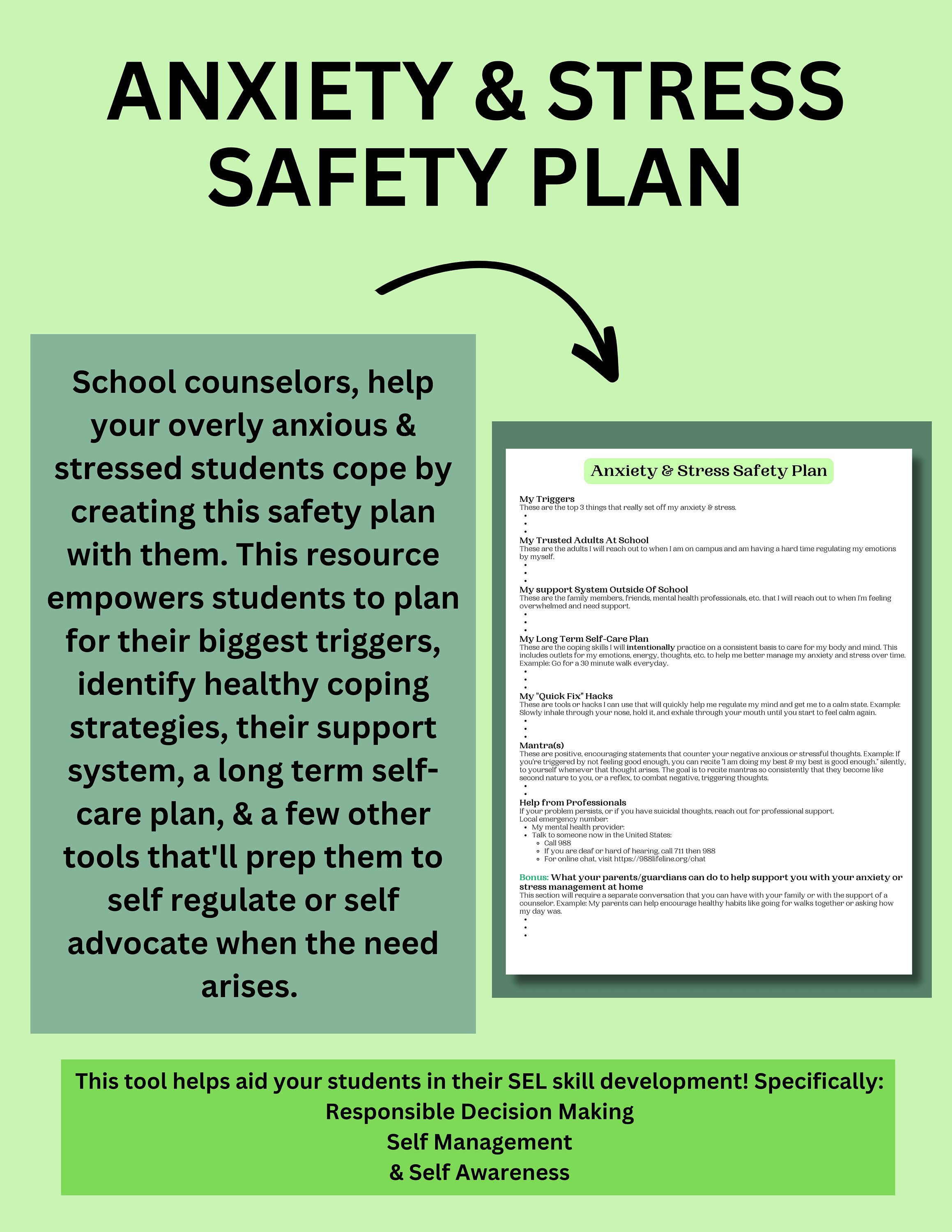 Anxiety Safety Plan Worksheet for Counselors SEL Printable Middle ...