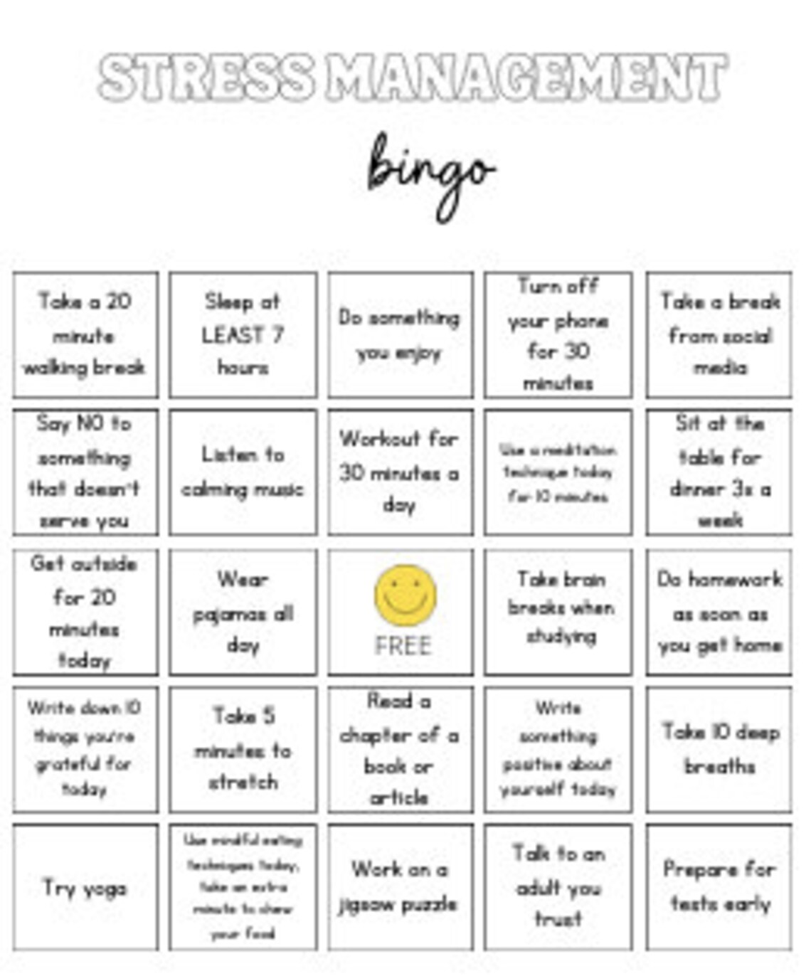 Stress Management Bingo Small Group Counseling SEL - Etsy