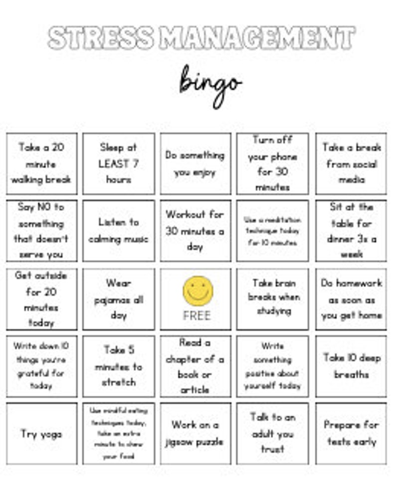 Stress Management Bingo Small Group Counseling SEL - Etsy