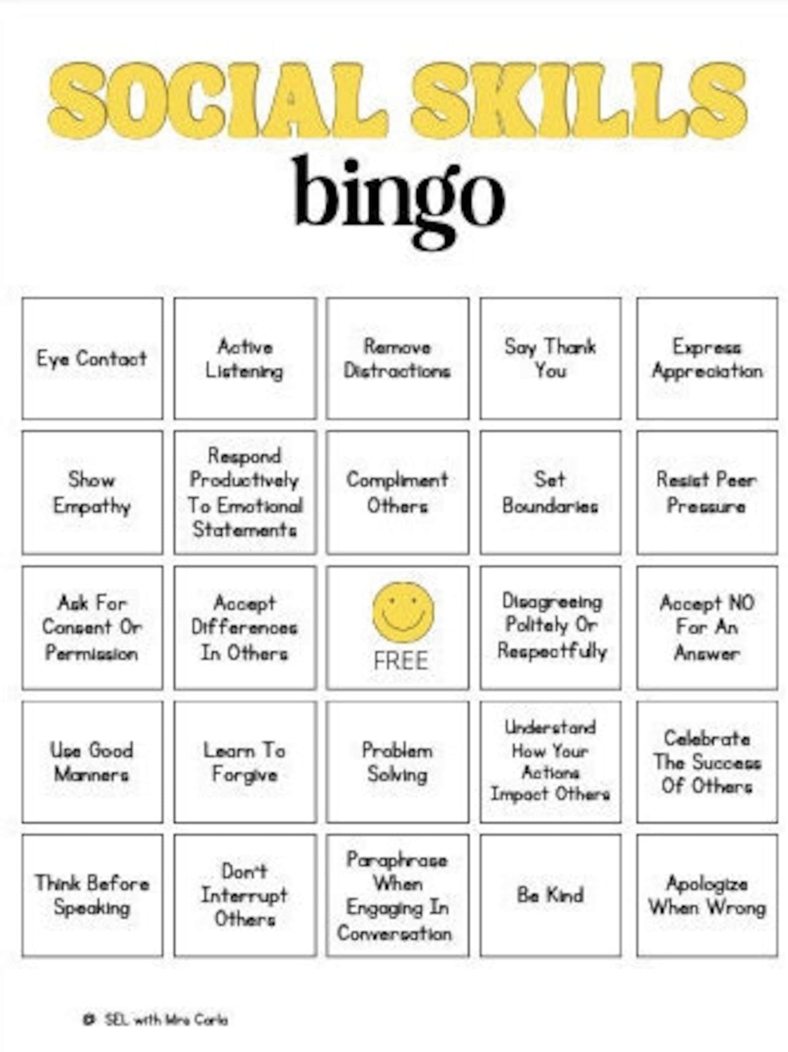 Social Skills Bingo Small Group Counseling Activity Social Emotional ...