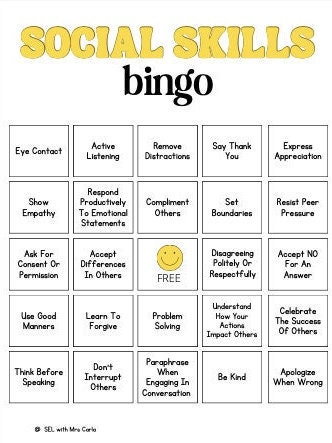 Social Skills Bingo Small Group Counseling Activity Social Emotional ...