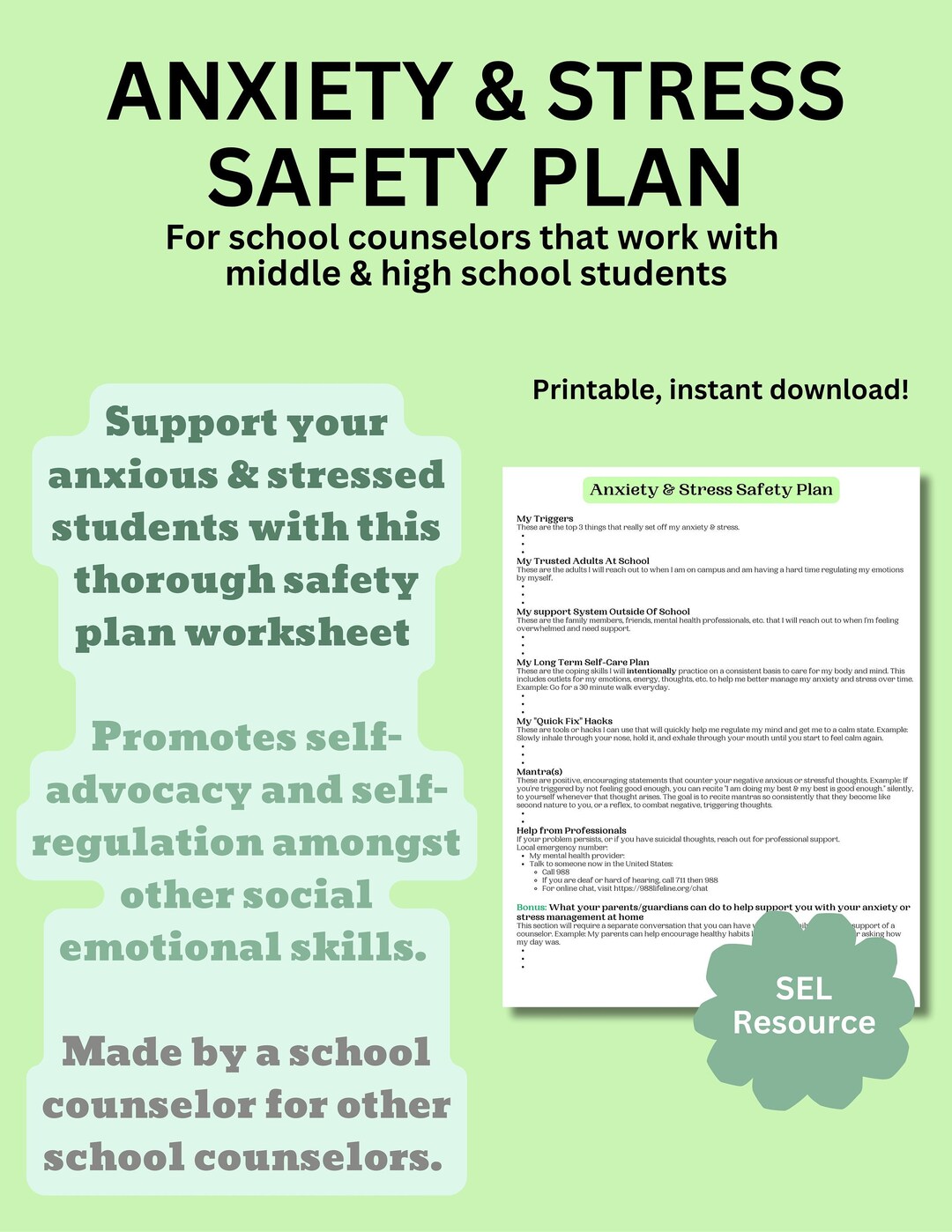 Anxiety Safety Plan Worksheet for Counselors SEL Printable Middle ...