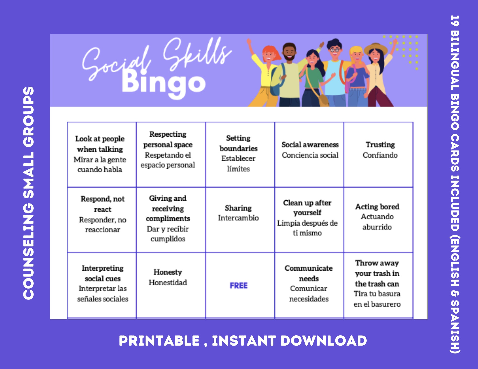 Bilingual (english/spanish) Social Skills Bingo Small Group Counseling ...