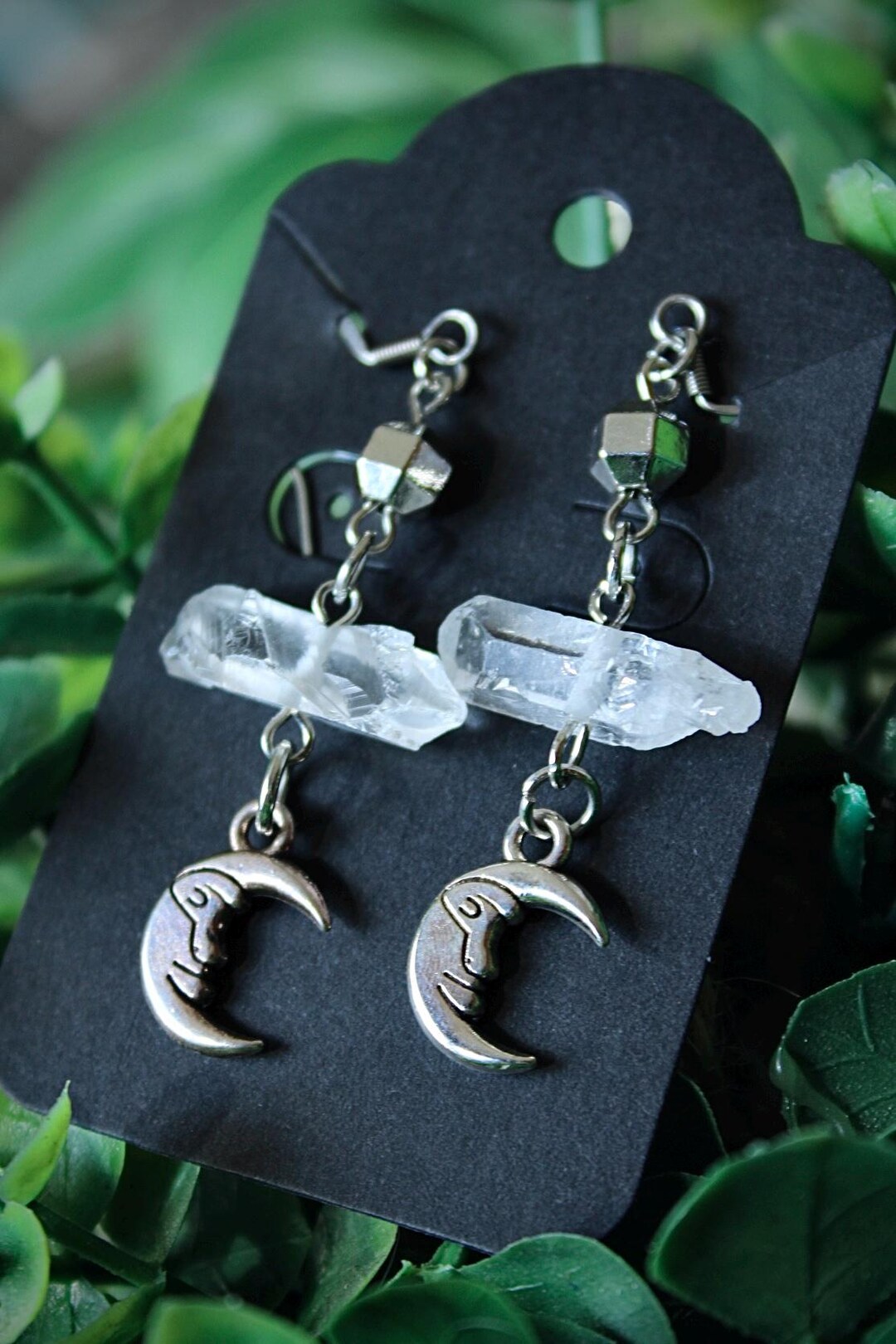 Quartz and Moon Celestial Dangle Earrings: Eclectic Handmade Jewelry - Etsy