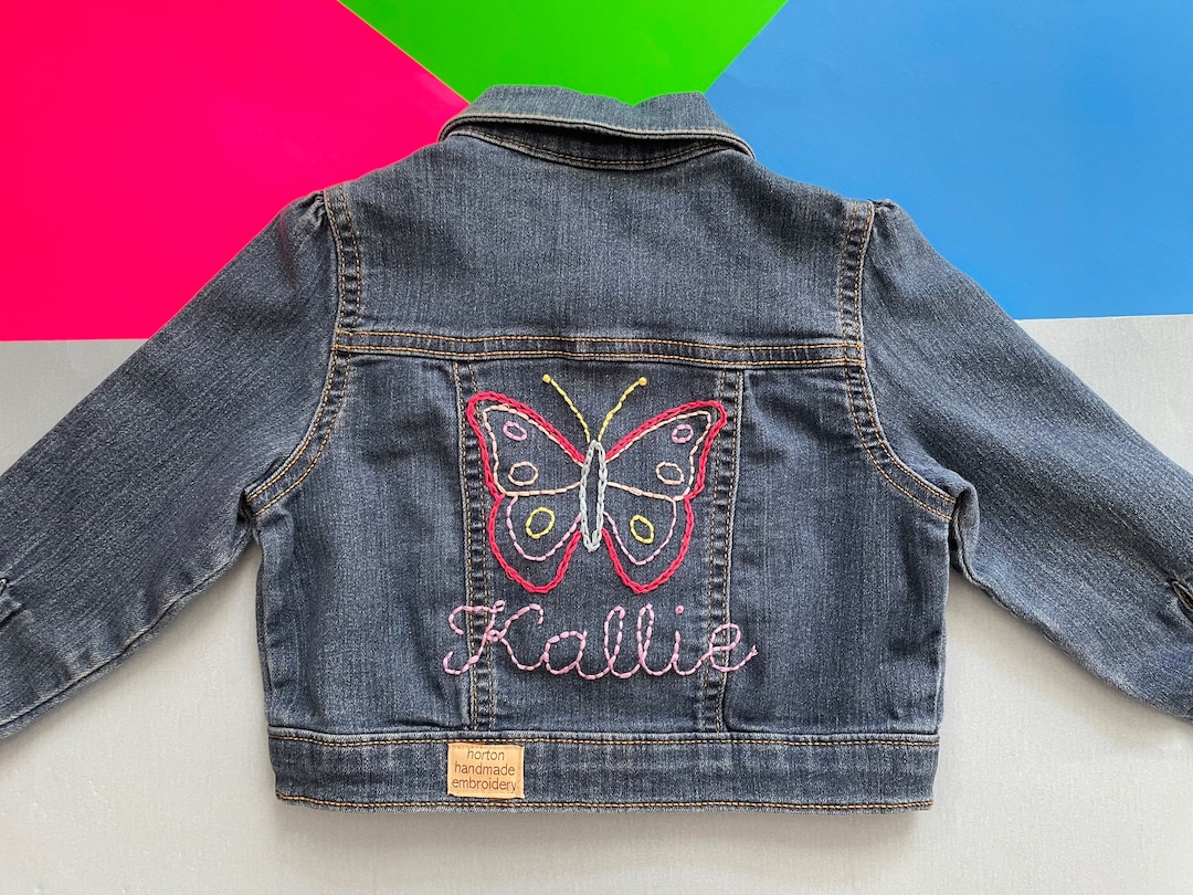 Denim Jacket, Girls Butterfly Design Embroidery, Upcycled Denim Size (0 ...