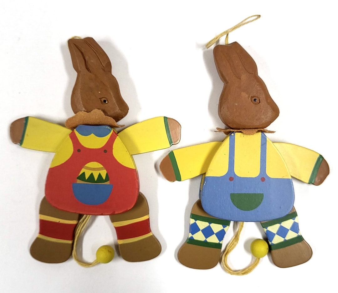 Vintage Jumping Jack Pull String Puppet Bunny Rabbit 2pcs 7" Wood Hema ...